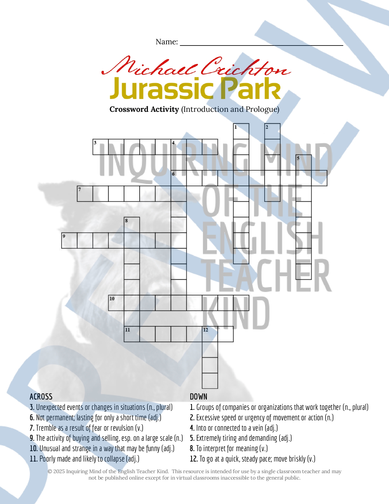 Jurassic Park by Michael Crichton Vocabulary Games (Introduction and ...