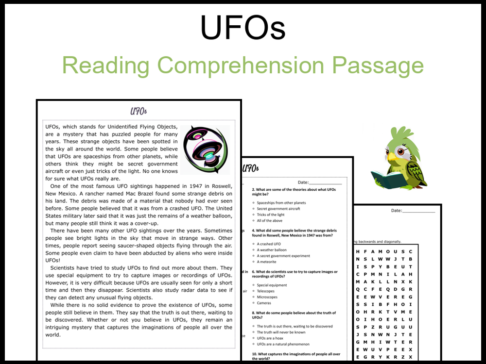 UFOs Reading Comprehension and Word Search | Teaching Resources