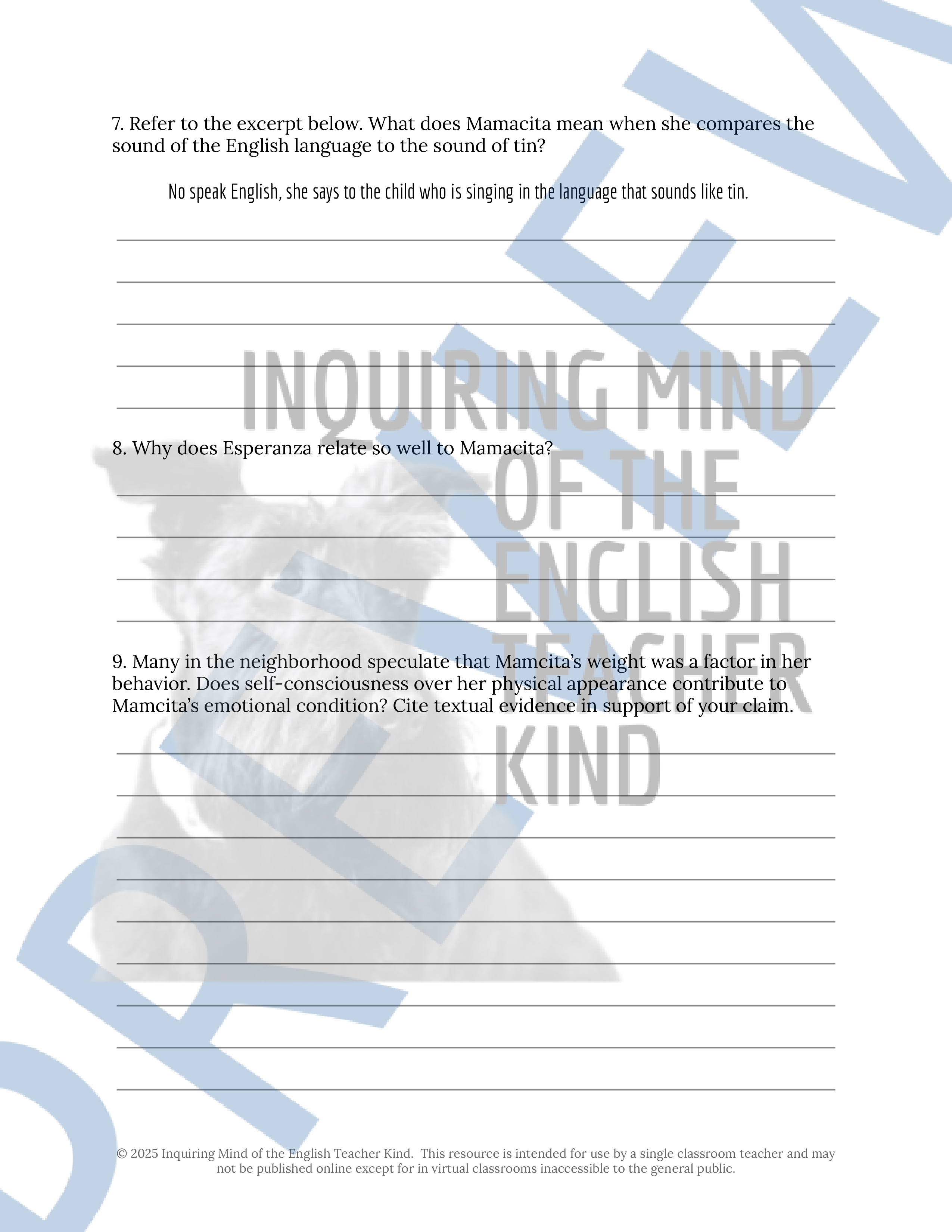 The House on Mango Street "No Speak English" Close Reading Inference ...