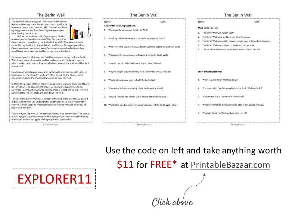 The Berlin Wall Reading Comprehension Passage Printable Worksheet ...