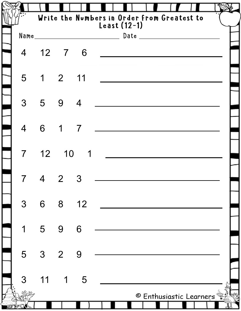 Ordering Numbers (1–12) – Greatest to Least (Descending Order ...