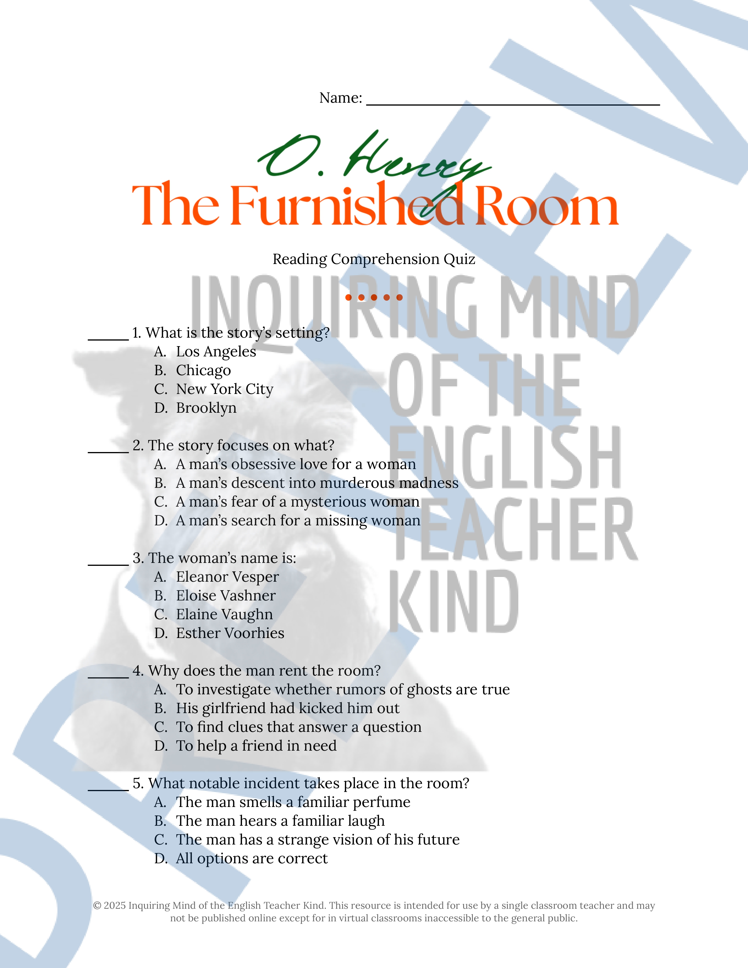 "The Furnished Room" by O. Henry Quiz and Answer Key (Halloween Ghost ...