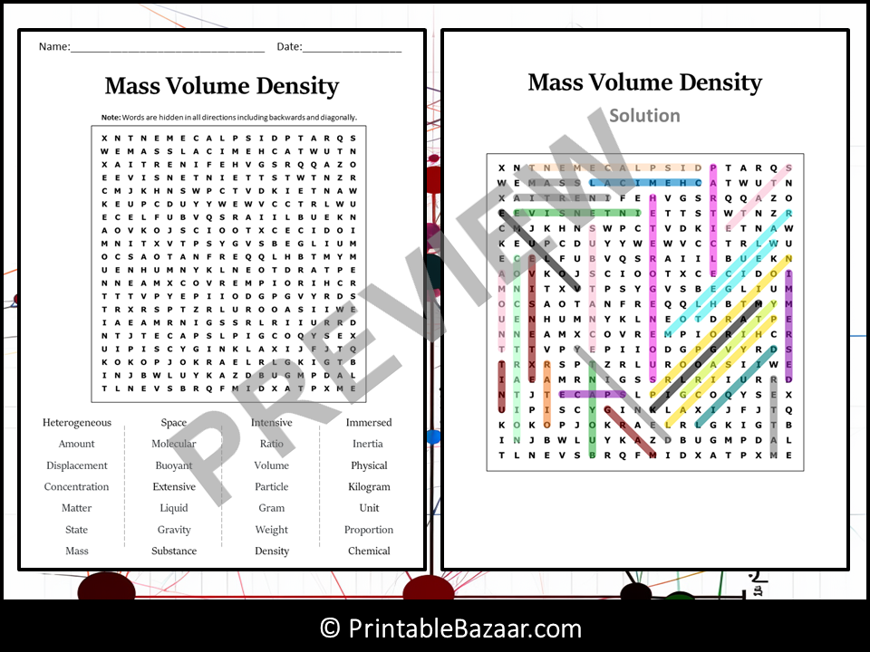 Mass Volume Density Word Search Puzzle Worksheet Activity | Teaching ...