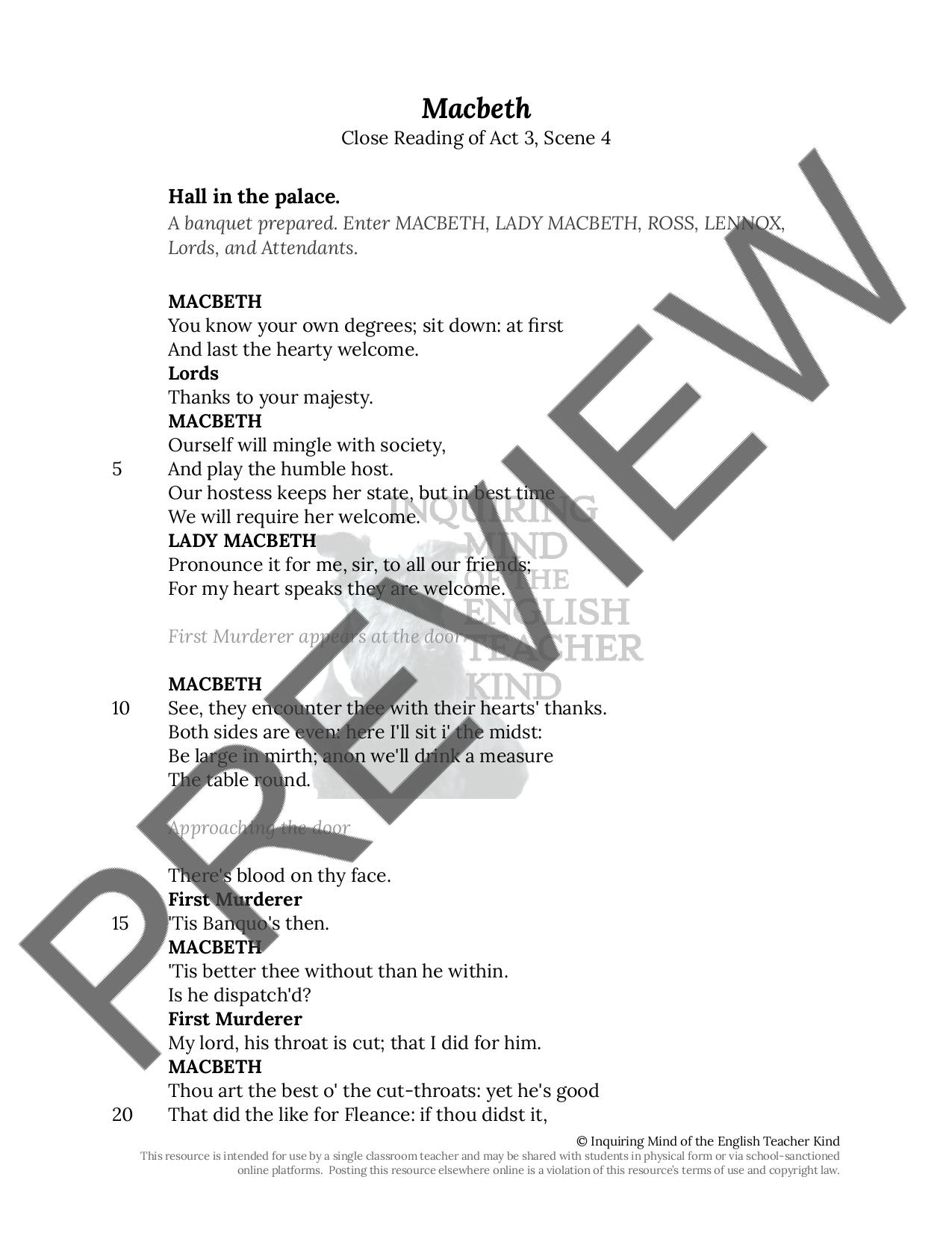 Macbeth Act 3 Scene 4 Close Reading Worksheet | Teaching Resources