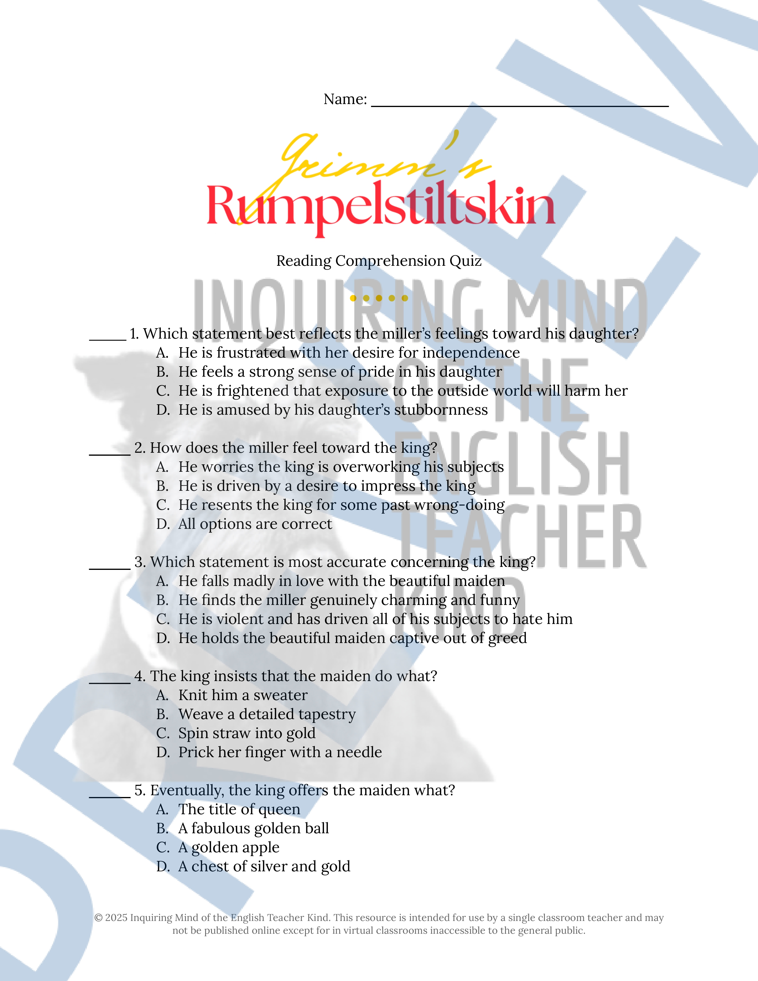 "Rumpelstiltskin" Quiz and Answer Key (Grimm's Fairy Tale | Fantasy ...