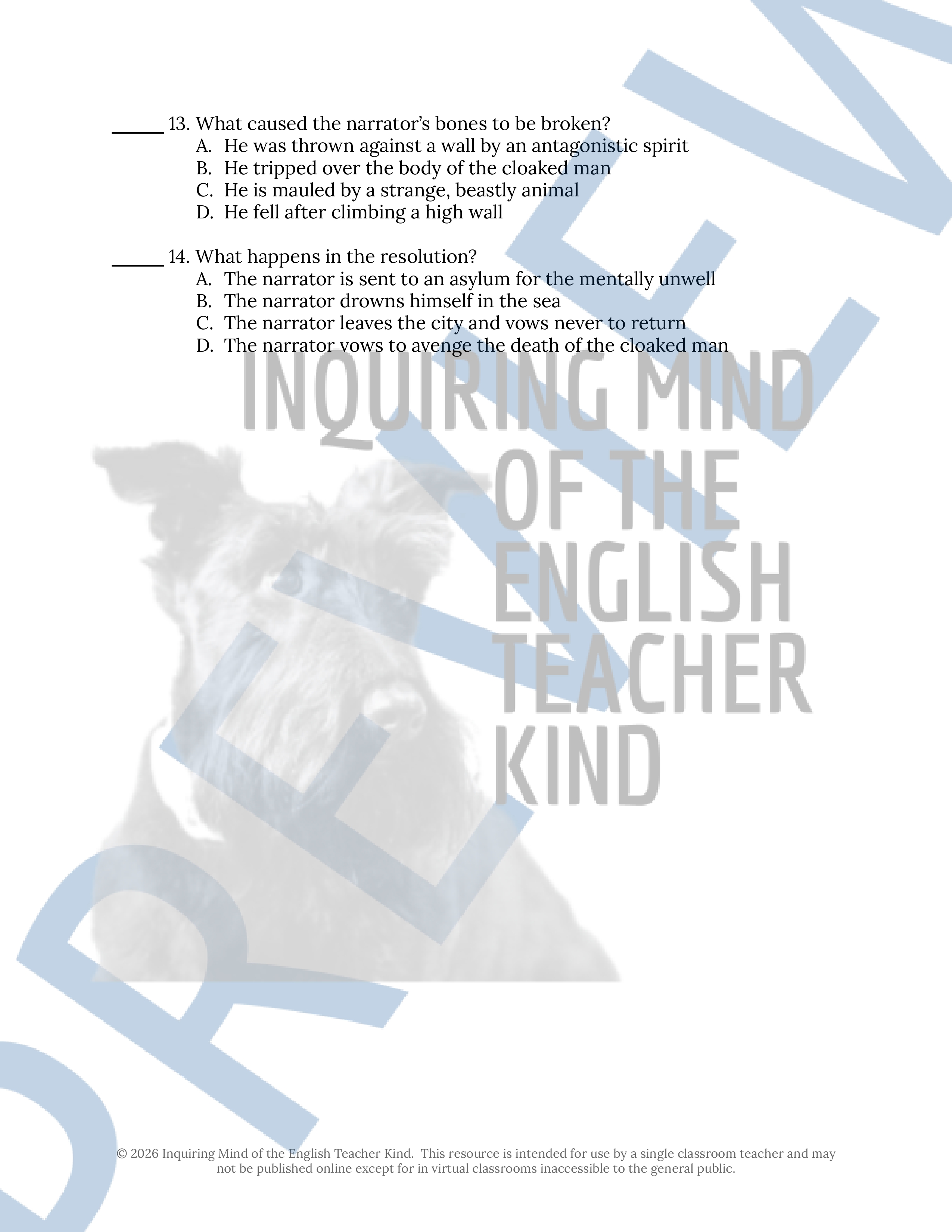 "He" by H.P. Lovecraft Quiz and Answer Key | Fantasy Literature ...