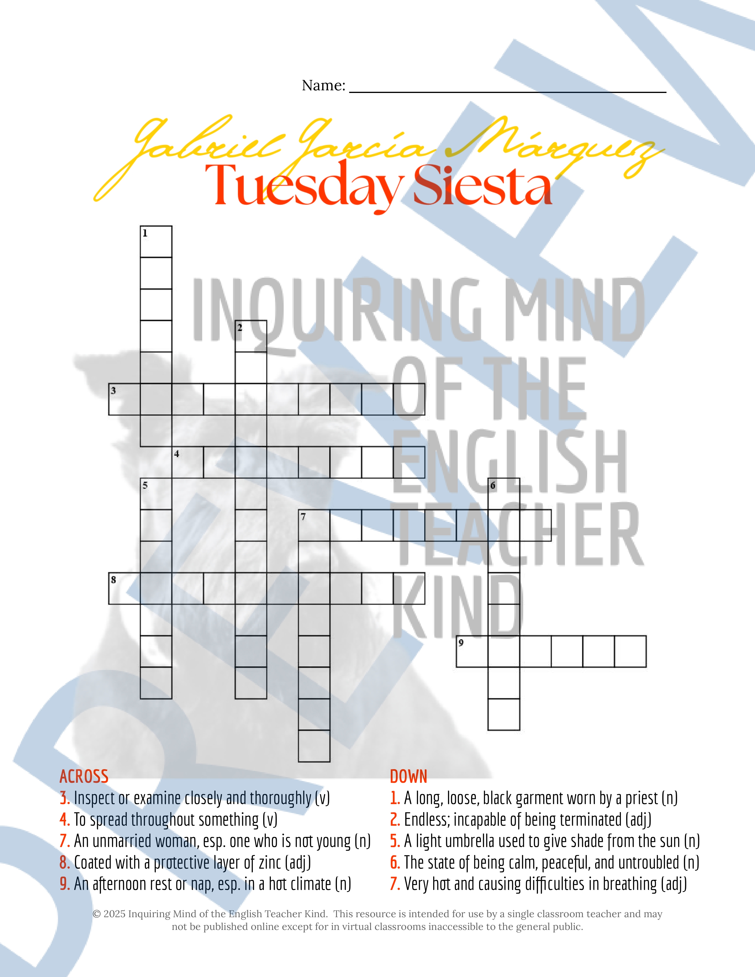 "Tuesday Siesta" by Gabriel Garcia Marquez Vocabulary Games | Teaching ...