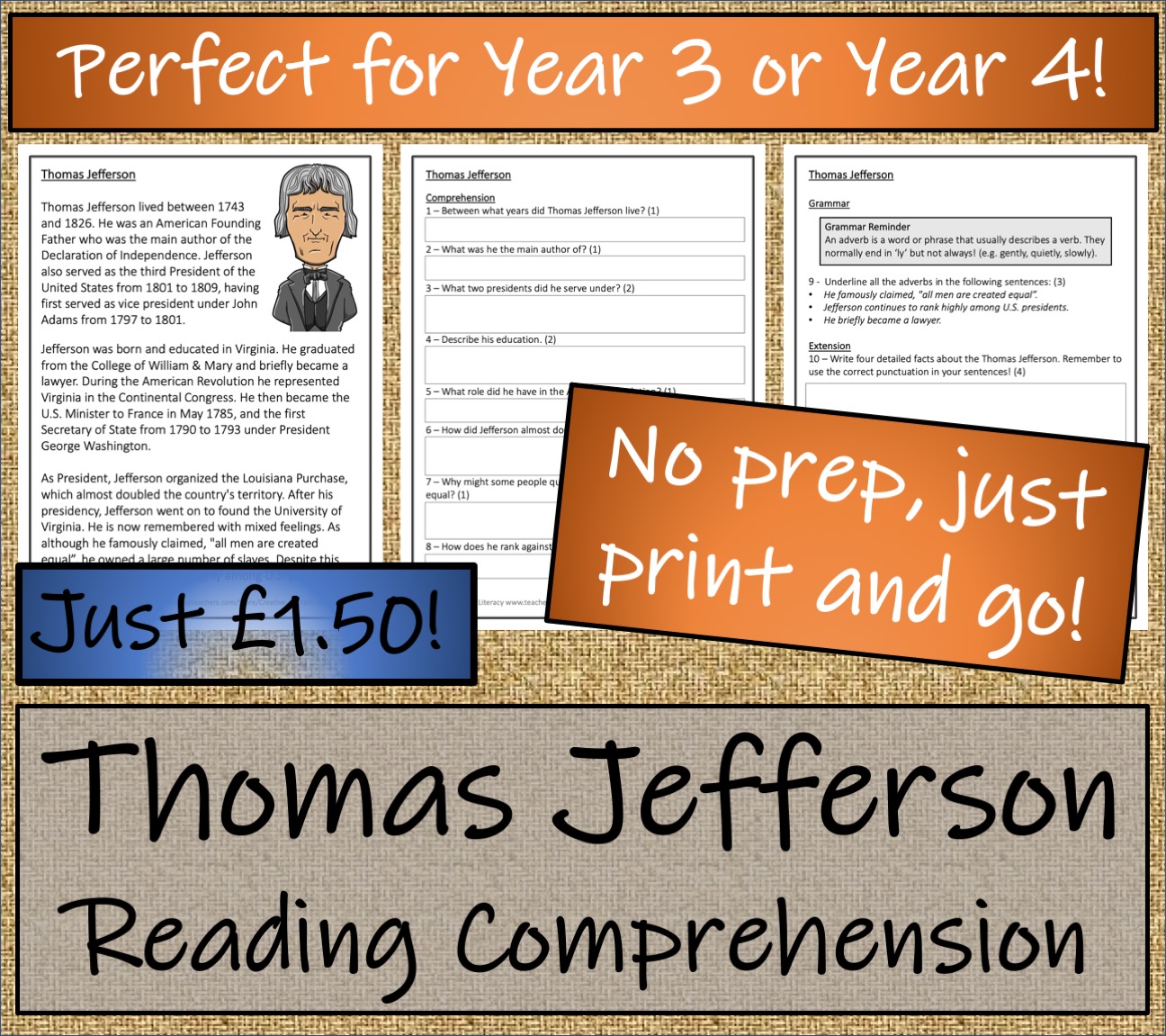 LKS2 Thomas Jefferson Reading Comprehension Activity | Teaching Resources