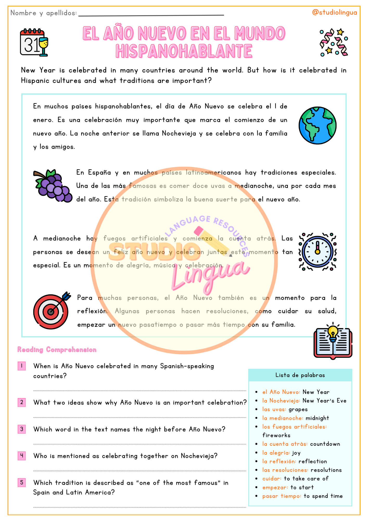 Spanish New Year Reading Comprehension | Año Nuevo | KS3 MFL / CfE BGE ...