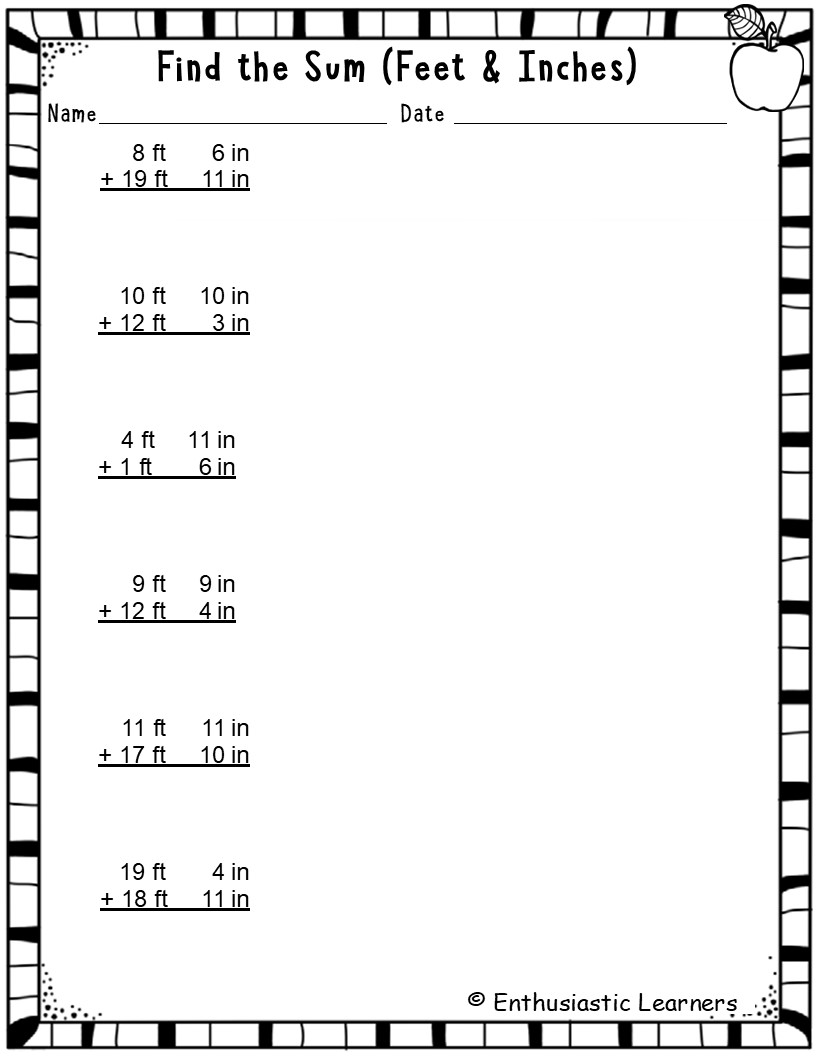 Addition of Irregular Measurement Units – Feet and Inches | Worksheets ...