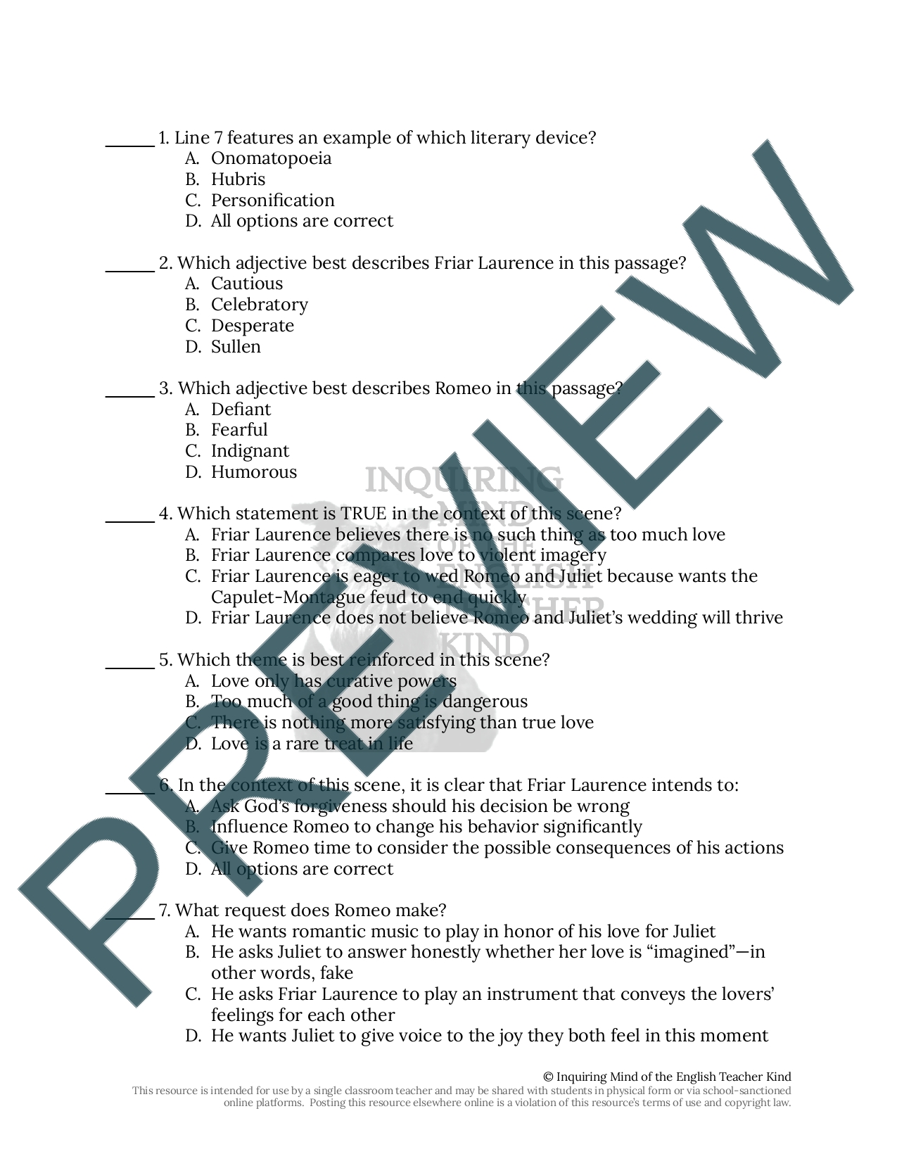 Romeo and Juliet Act 2 Scene 6 Close Reading Worksheet | Teaching Resources