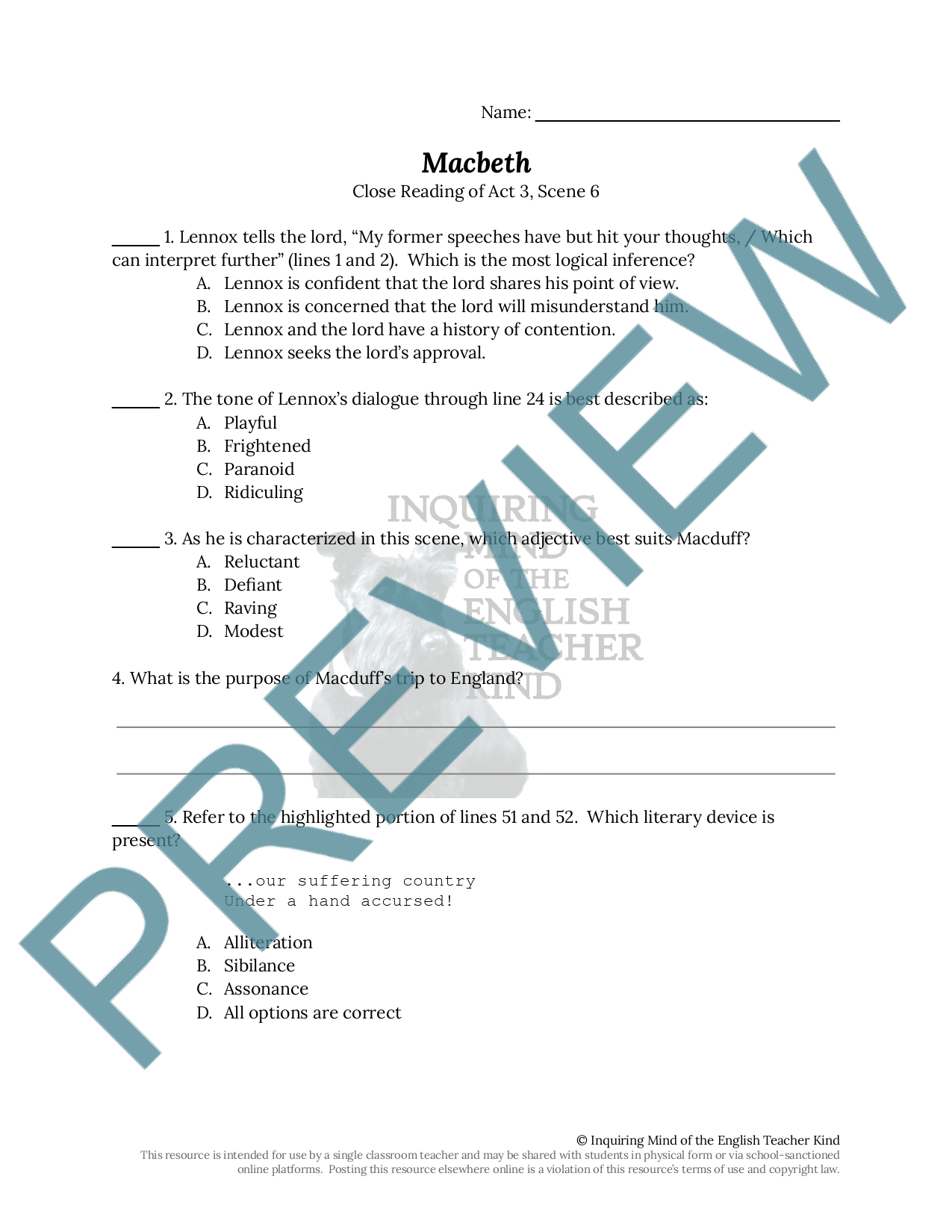 Macbeth Act 3 Scene 6 Close Reading Worksheet | Teaching Resources