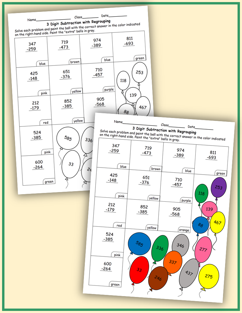 3 Digit Addition and Subtraction with Regrouping Color by Number ...