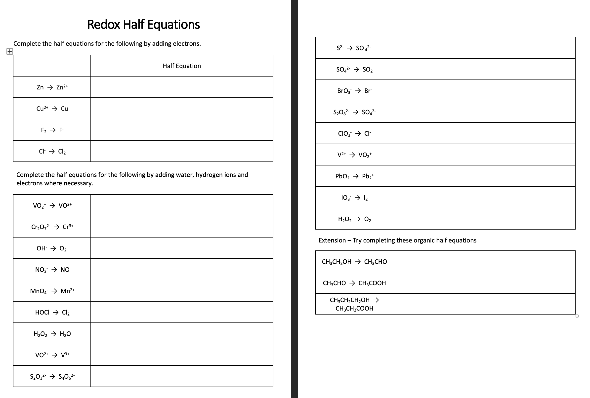 Redox Half Equations Worksheet Teaching Resources