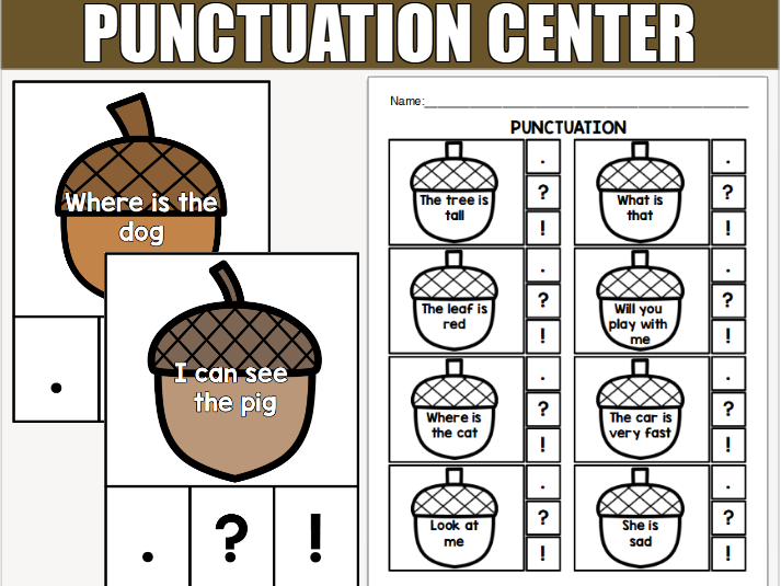 Acorn Punctuation Center and Worksheet | Teaching Resources