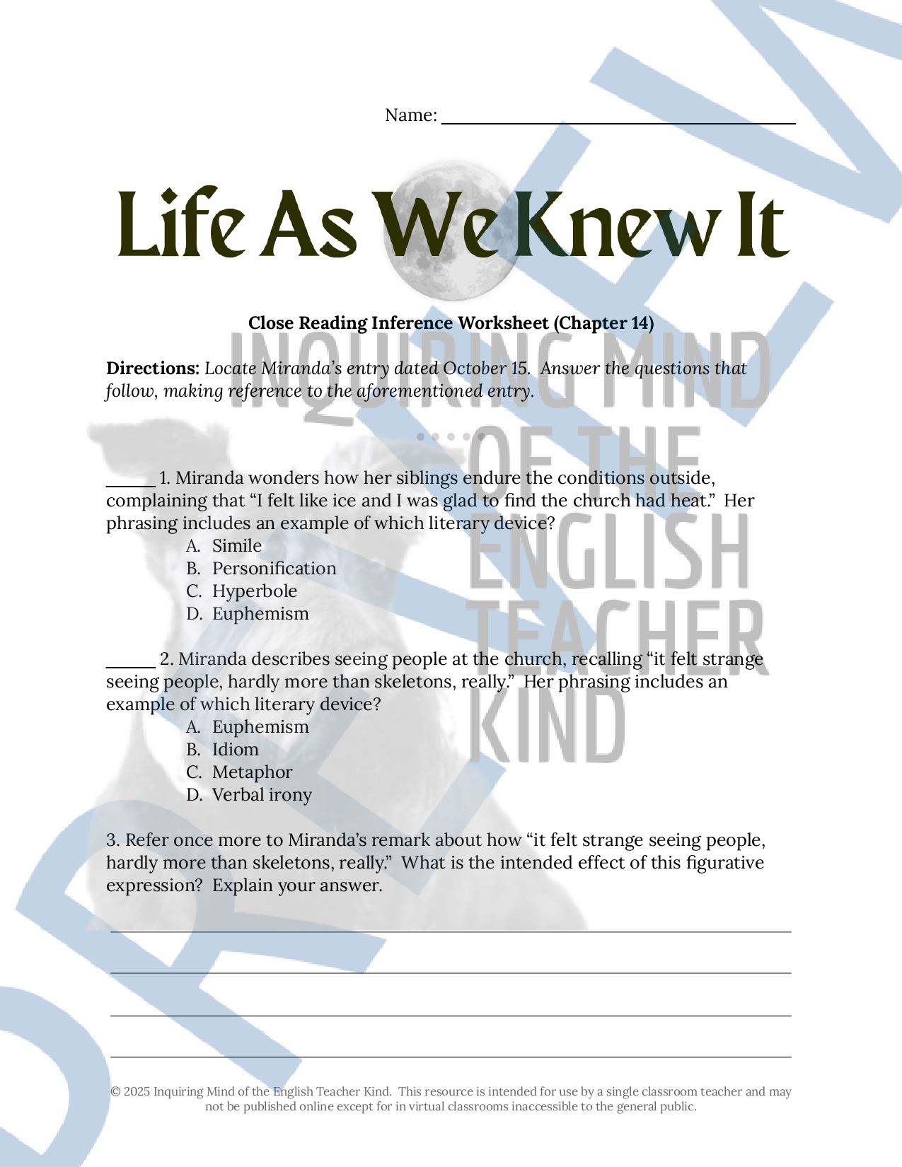 Life As We Knew It Chapter 14 Close Reading Inference Worksheet and ...