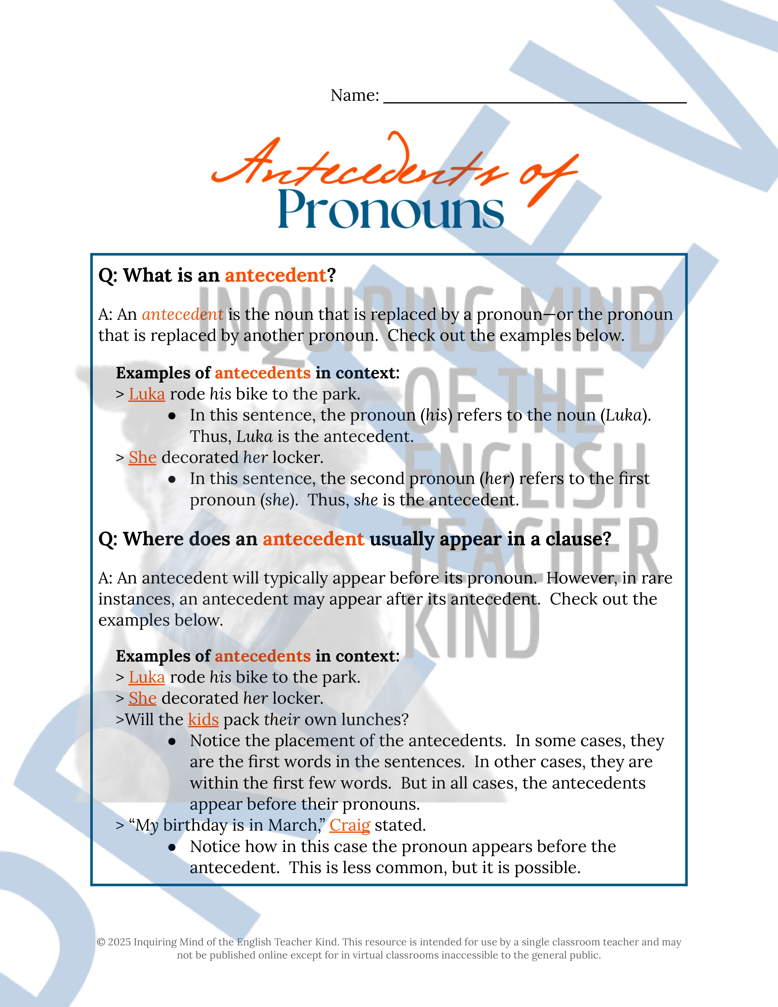 Grammar Practice Worksheet on Identifying Antecedents of Pronouns ...