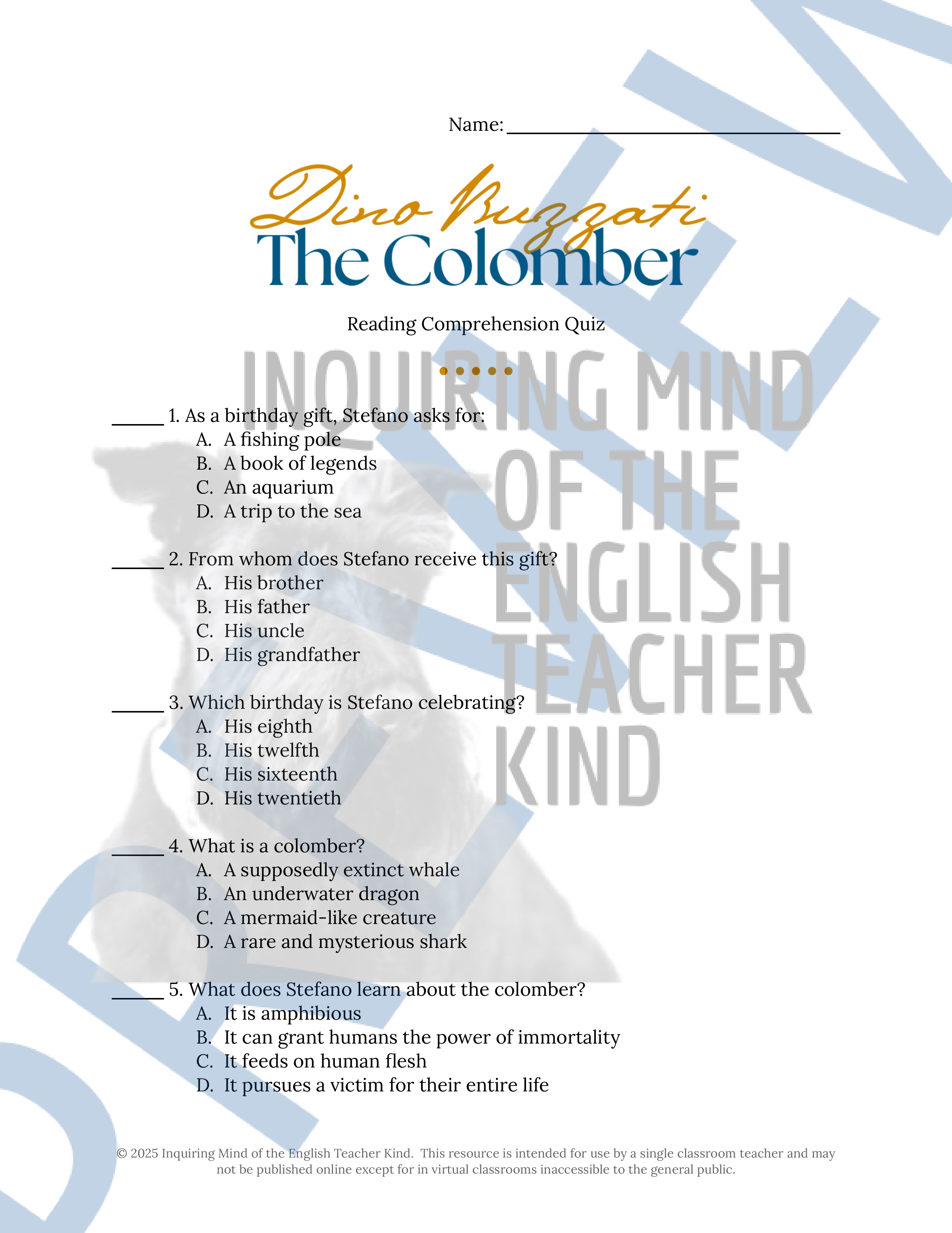 “The Colomber” by Dino Buzzati Quiz and Answer Key | Teaching Resources