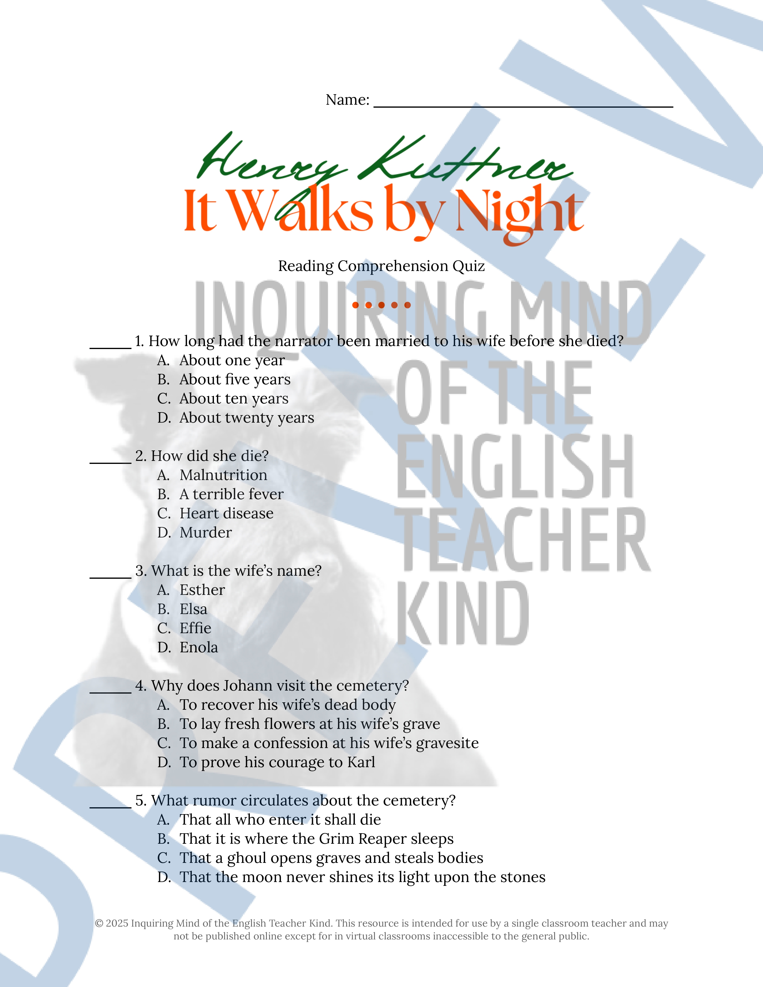 "It Walks by Night" by Henry Kuttner Quiz and Answer Key | Halloween ...