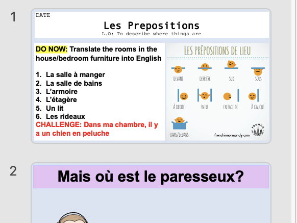 Primary French resources: prepositions and conjunctions