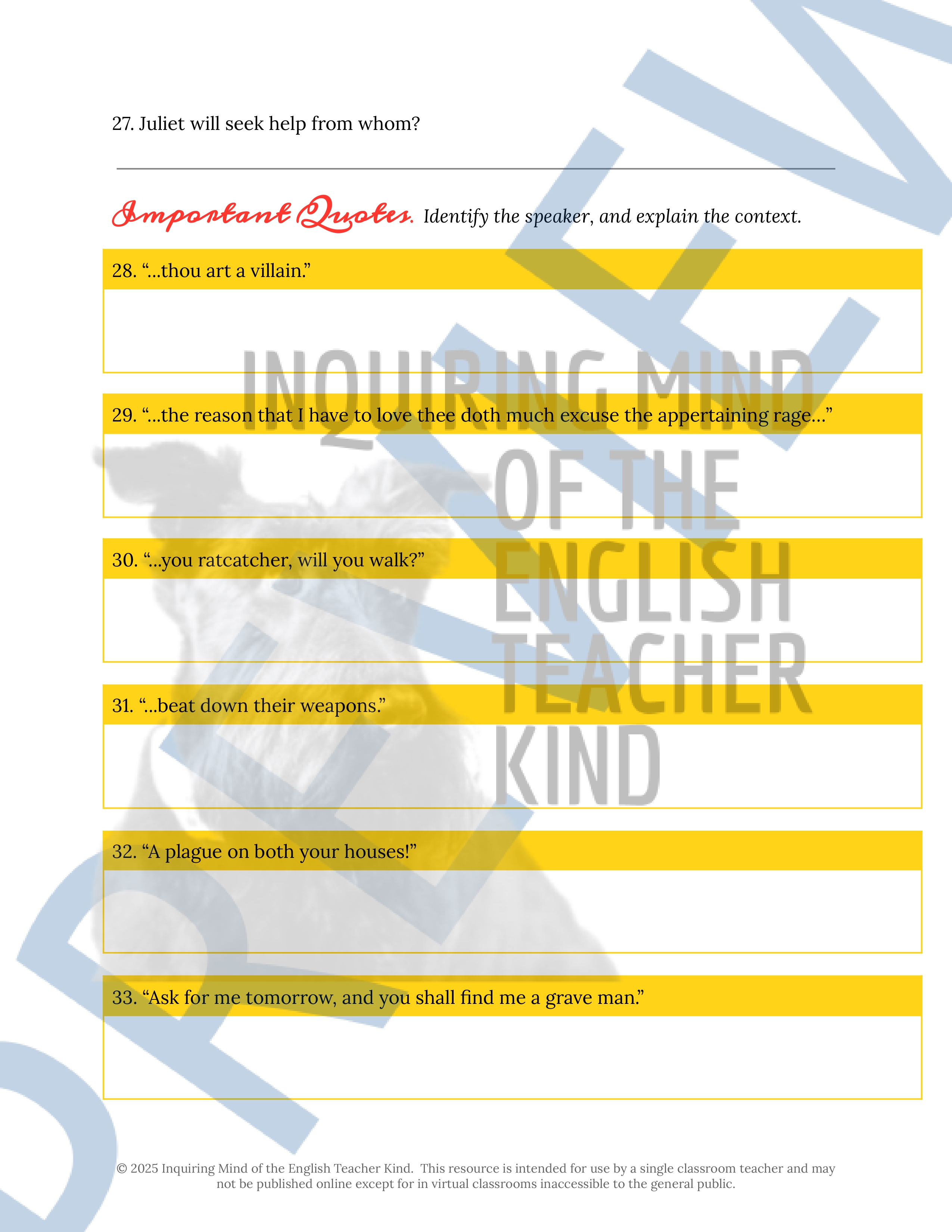 Romeo and Juliet Act 3 Reading Guide and Answer Key | Teaching Resources