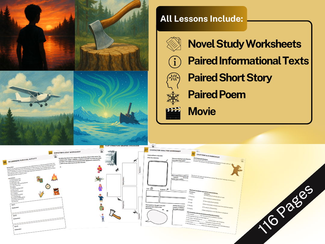 Hatchet Teaching Unit -Novel Worksheets, Info Texts, Movie, Short Story ...