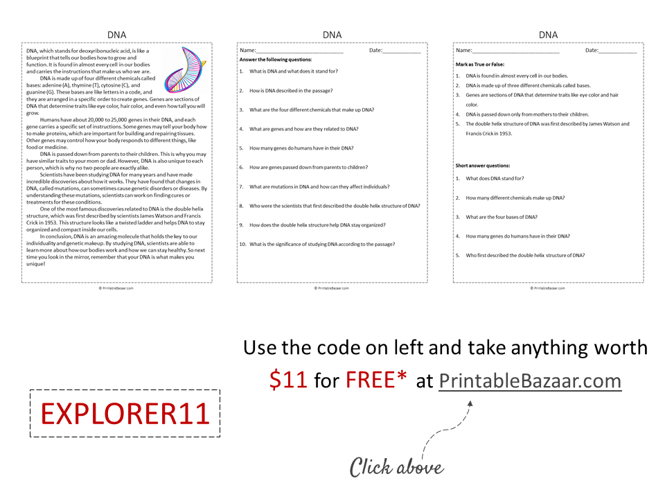 DNA Reading Comprehension Passage Printable Worksheet | Teaching Resources