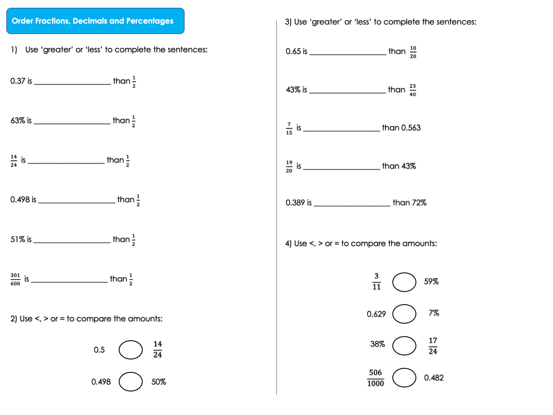 FDP Worksheet - Order Fractions, Decimals and Percentages | Teaching ...