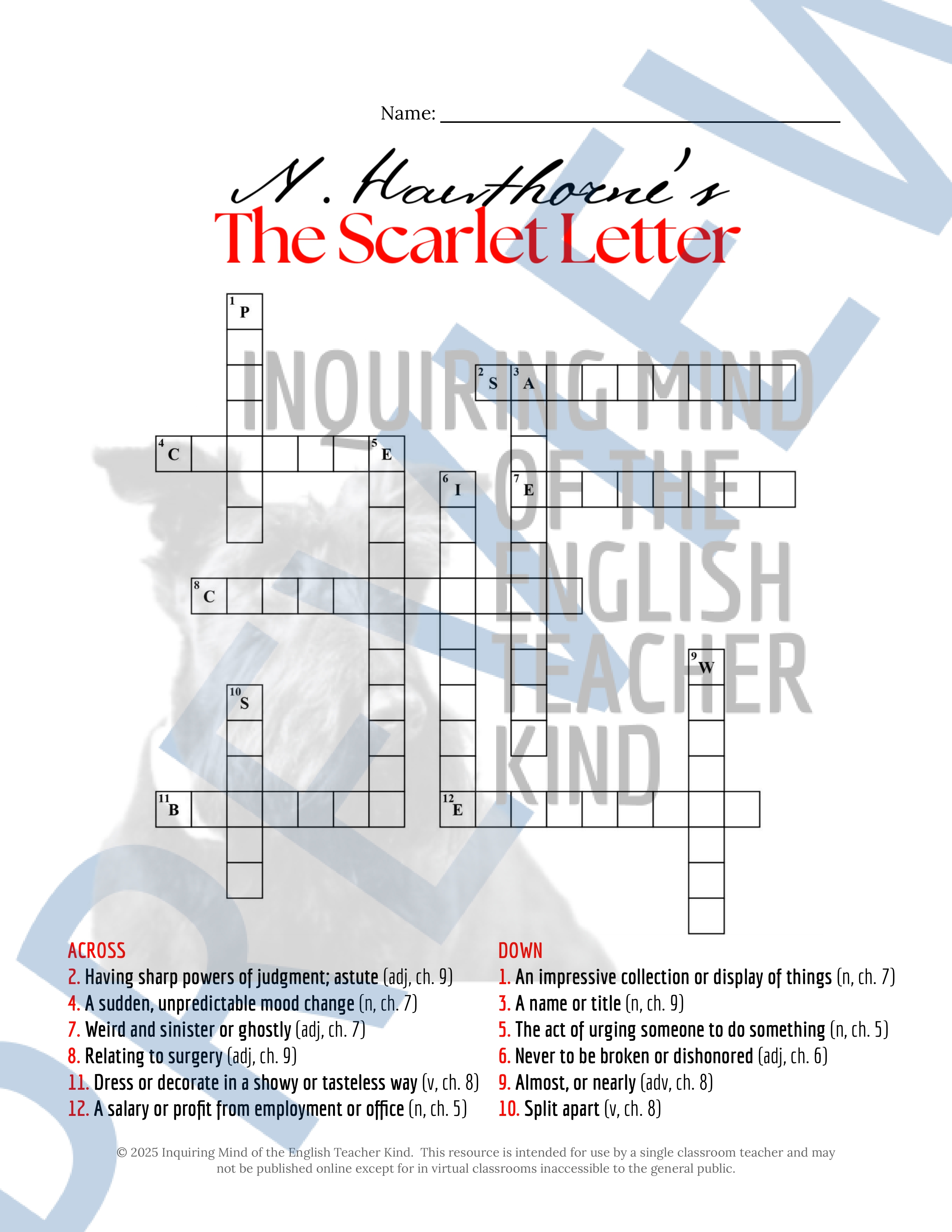 The Scarlet Letter Chapters 5, 6, 7, 8, and 9 Vocabulary Activities ...