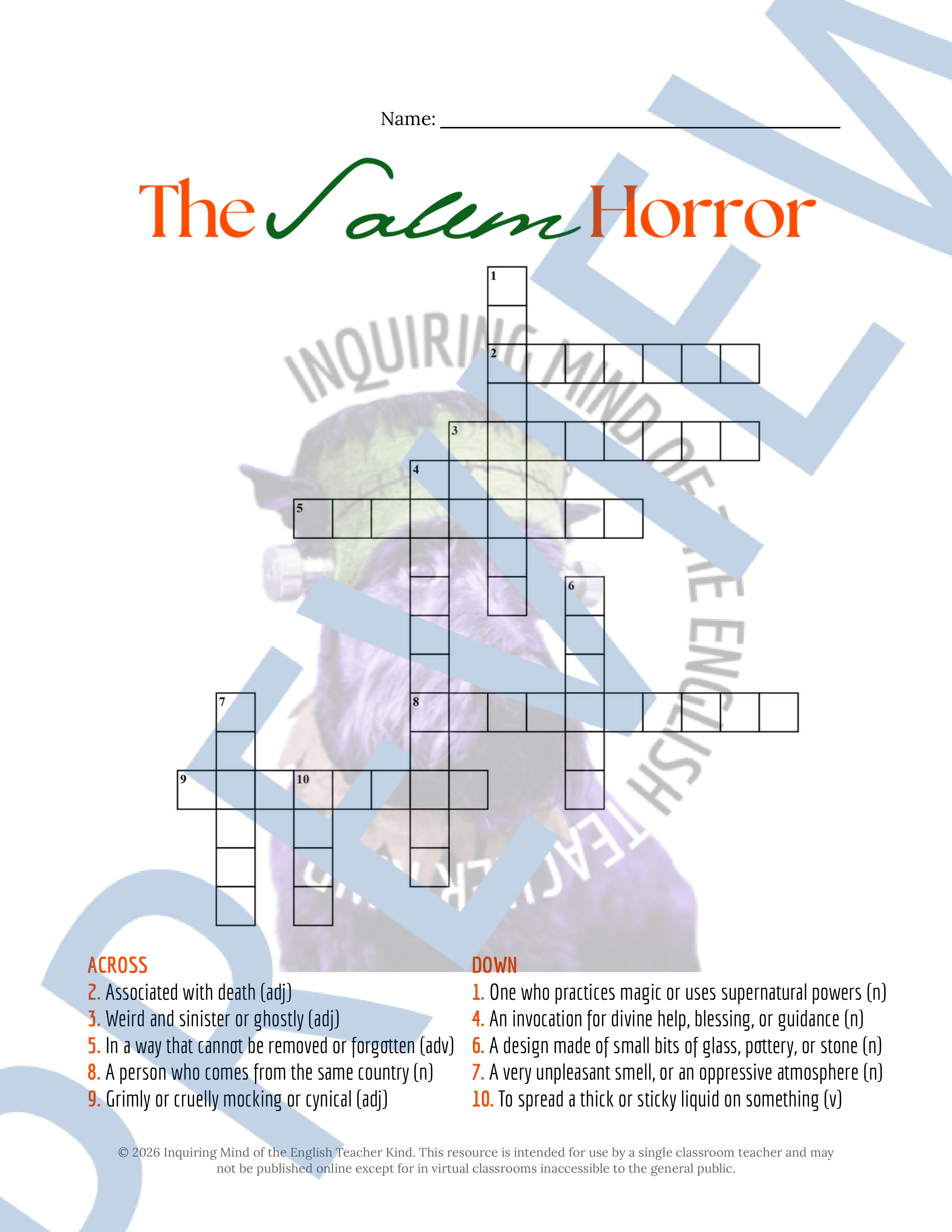 "The Salem Horror" by Henry Kuttner Vocabulary Games | Gothic Fiction ...