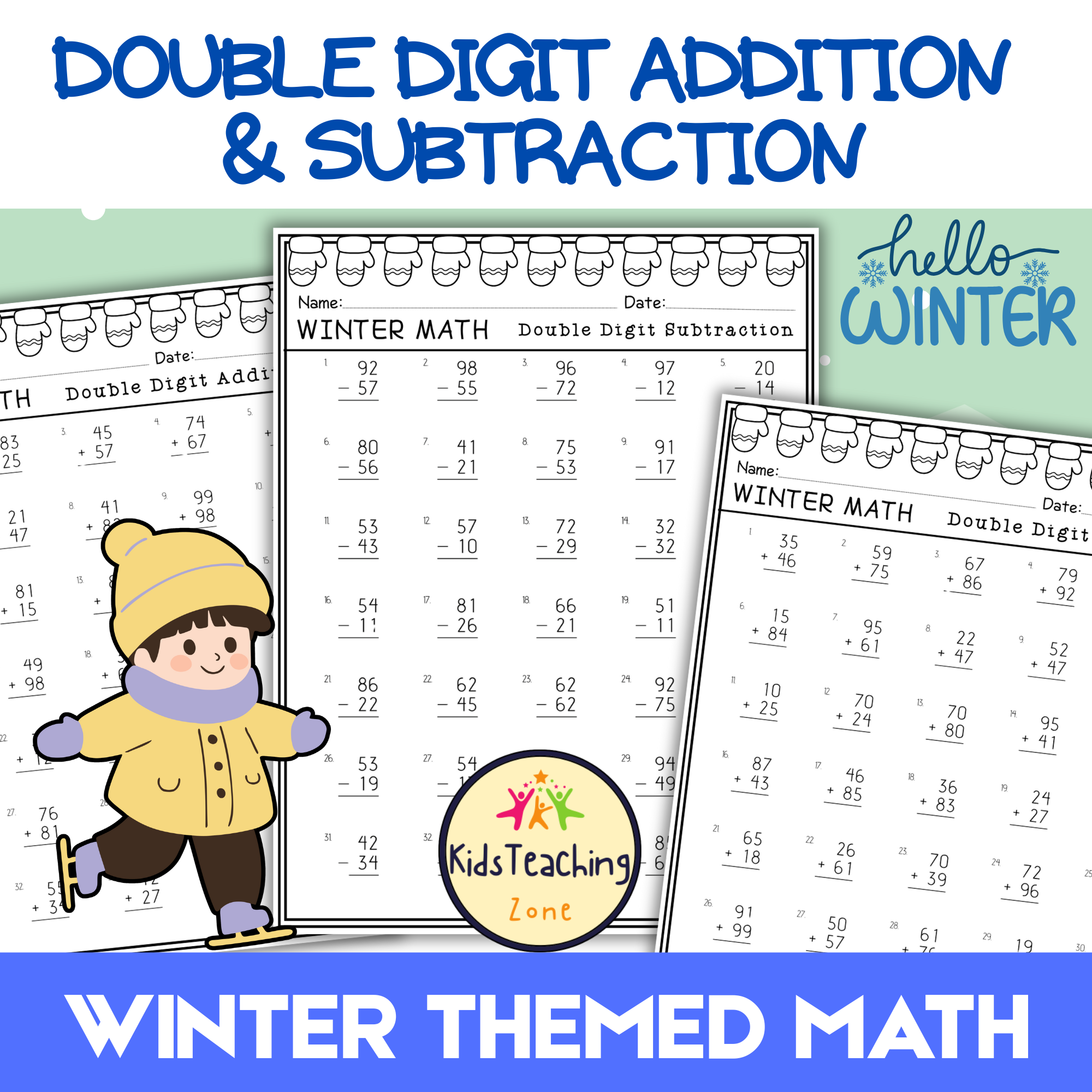 Winter Themed Math Double Digit Addition & Subtraction with & without ...