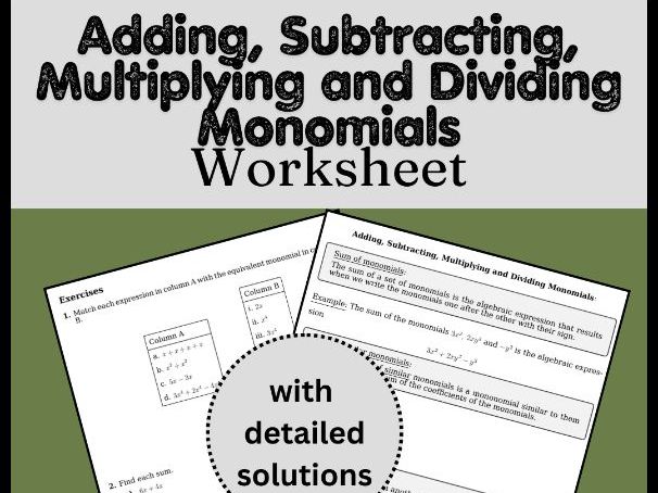 Adding, Subtracting, Multiplying and Dividing Monomials Worksheet (with ...