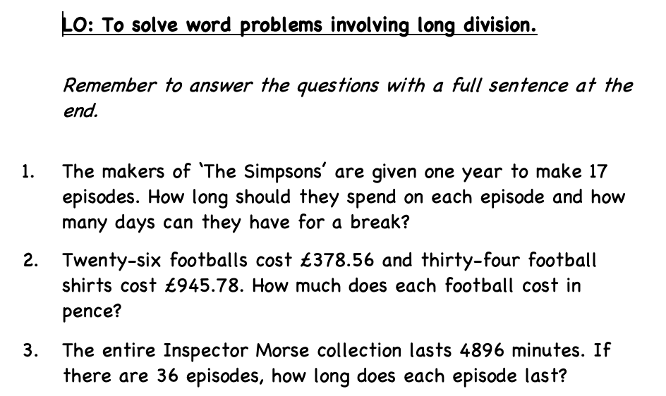 KS2 Long Division Word Problems Worksheet Teaching Resources
