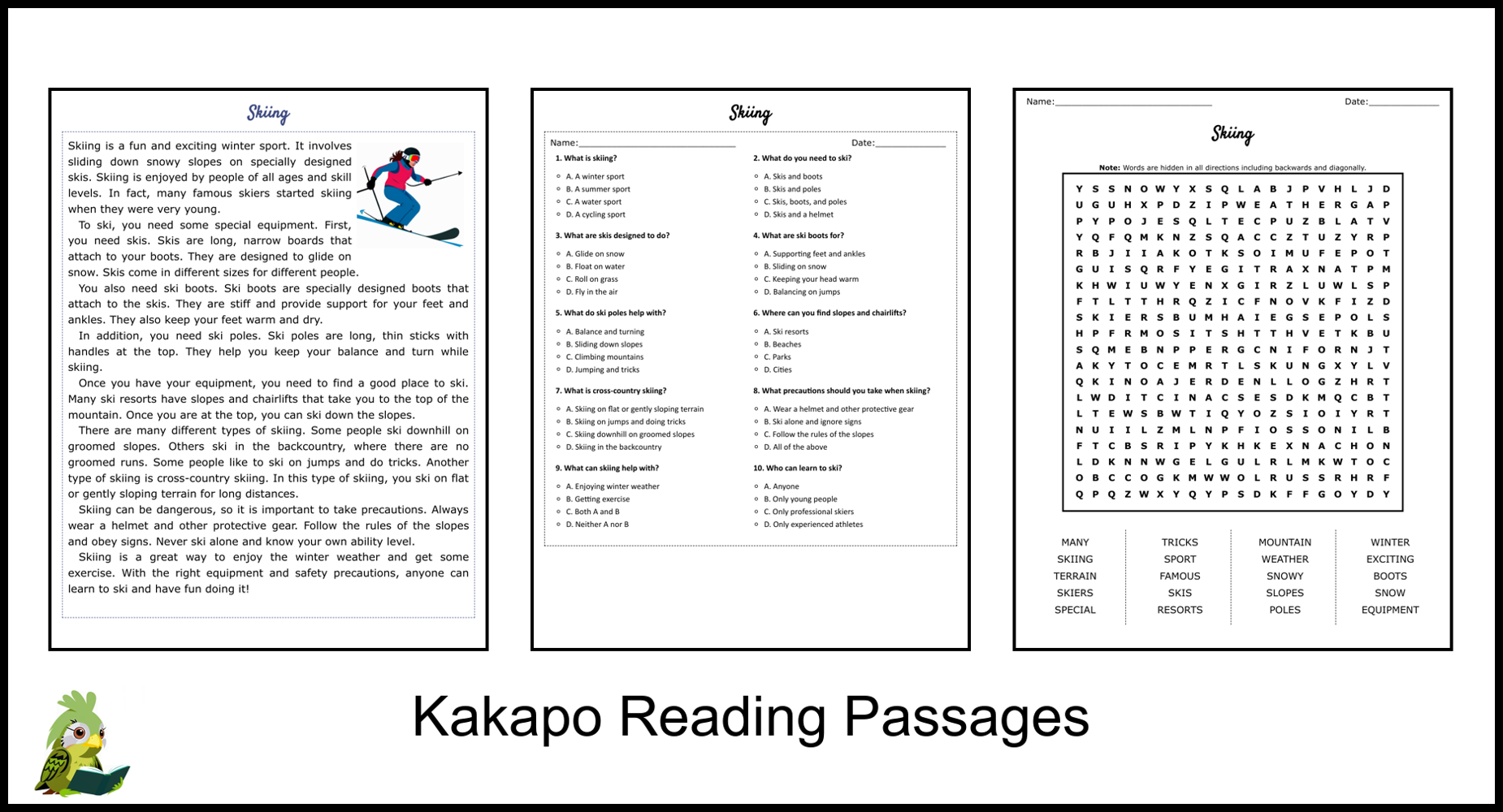 Skiing Reading Comprehension and Word Search | Teaching Resources
