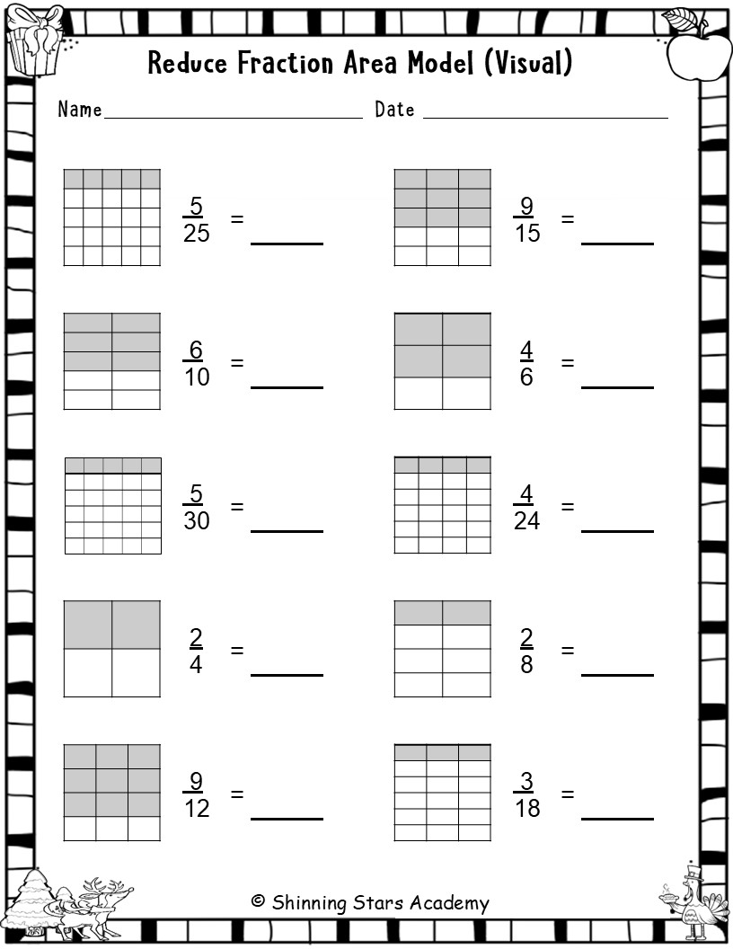 Reduce Fraction Area Model (Visual) Worksheets | Simplifying Fractions ...