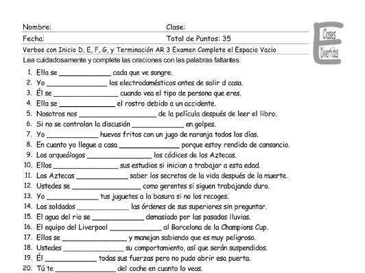 Verbs Start D E F G I End AR 3 Spanish Fill In The Blanks Exam 