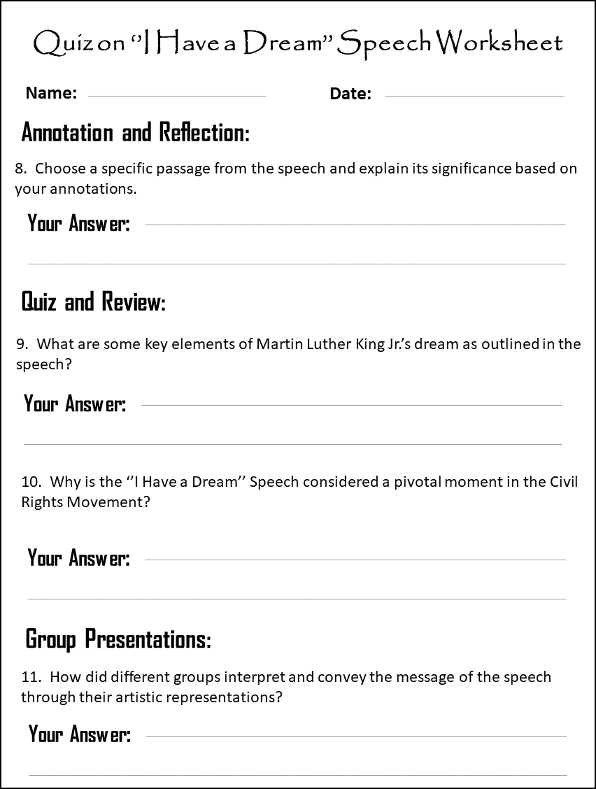 Martin Luther King Jr ‘I Have a Dream’ Speech Quiz – High School ...