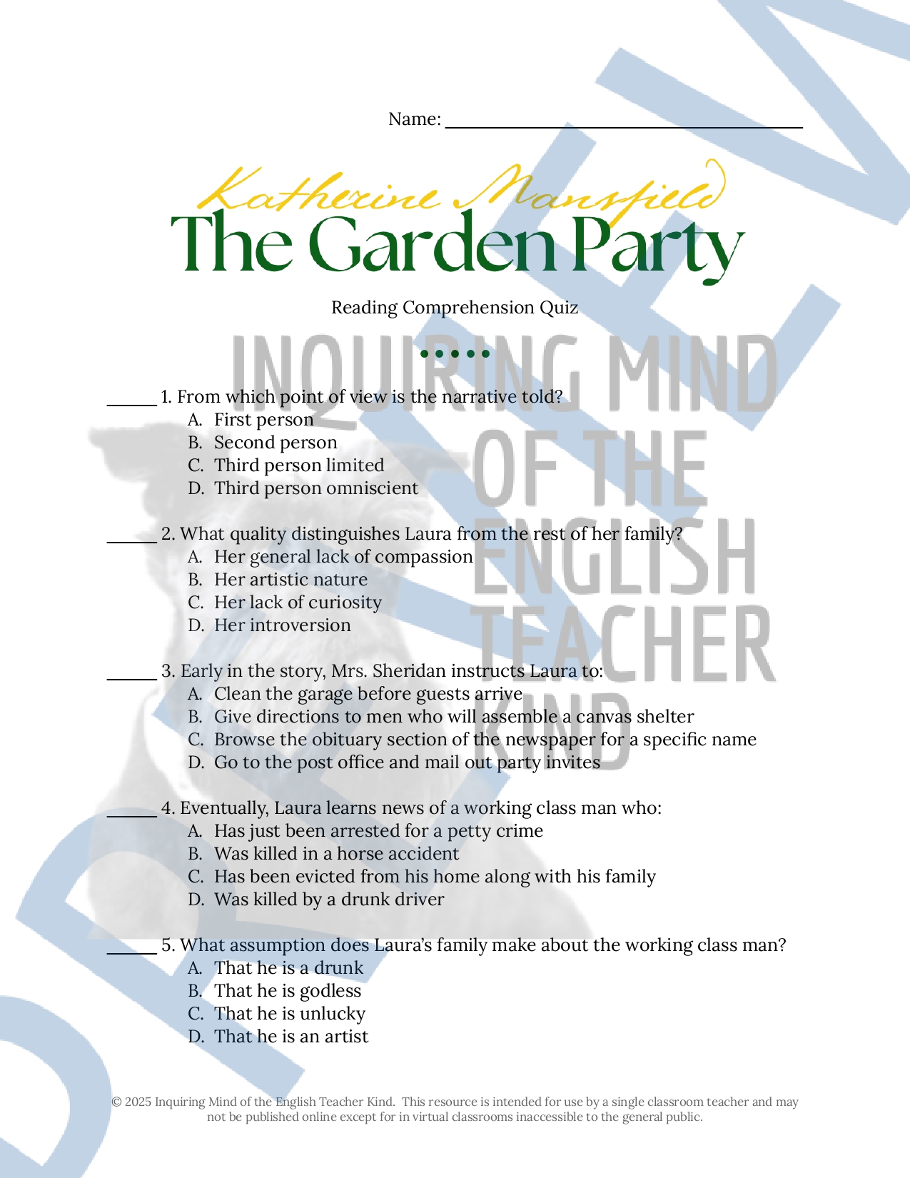 "The Garden Party" by Katherine Mansfield Quiz and Answer Key ...