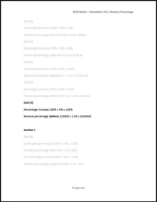 GCSE Maths Foundation – Reverse Percentage Exam-Style Worksheet with ...