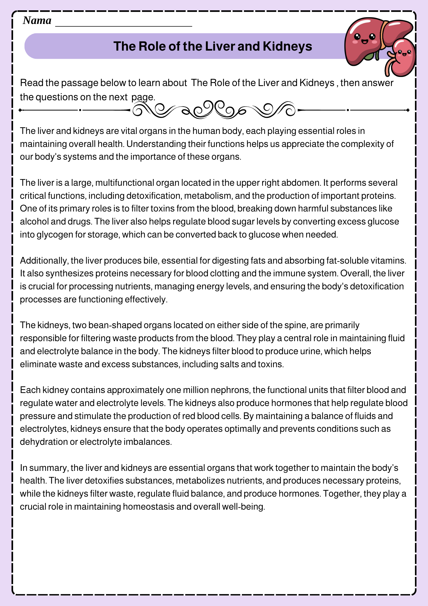 Reading Comprehension Worksheet: The Role of the Liver and Kidneys ...