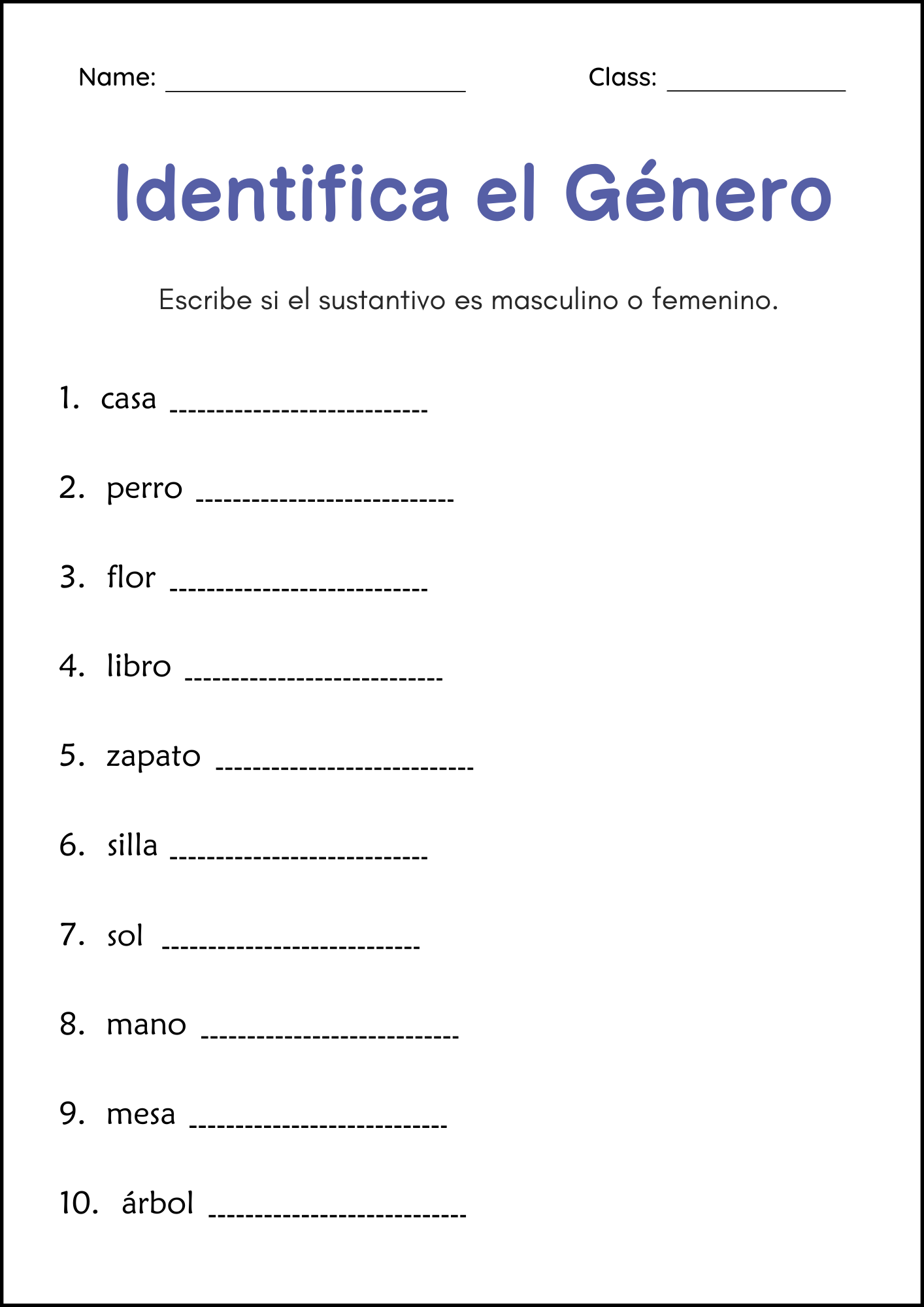 Género de los Sustantivos - Gender of Nouns Grammar Worksheets in ...