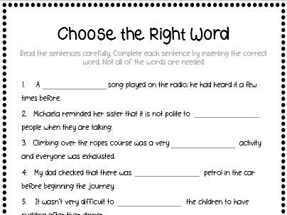 Year 5 and 6 Curriculum Spelling Activity - Choose the Right Word ...