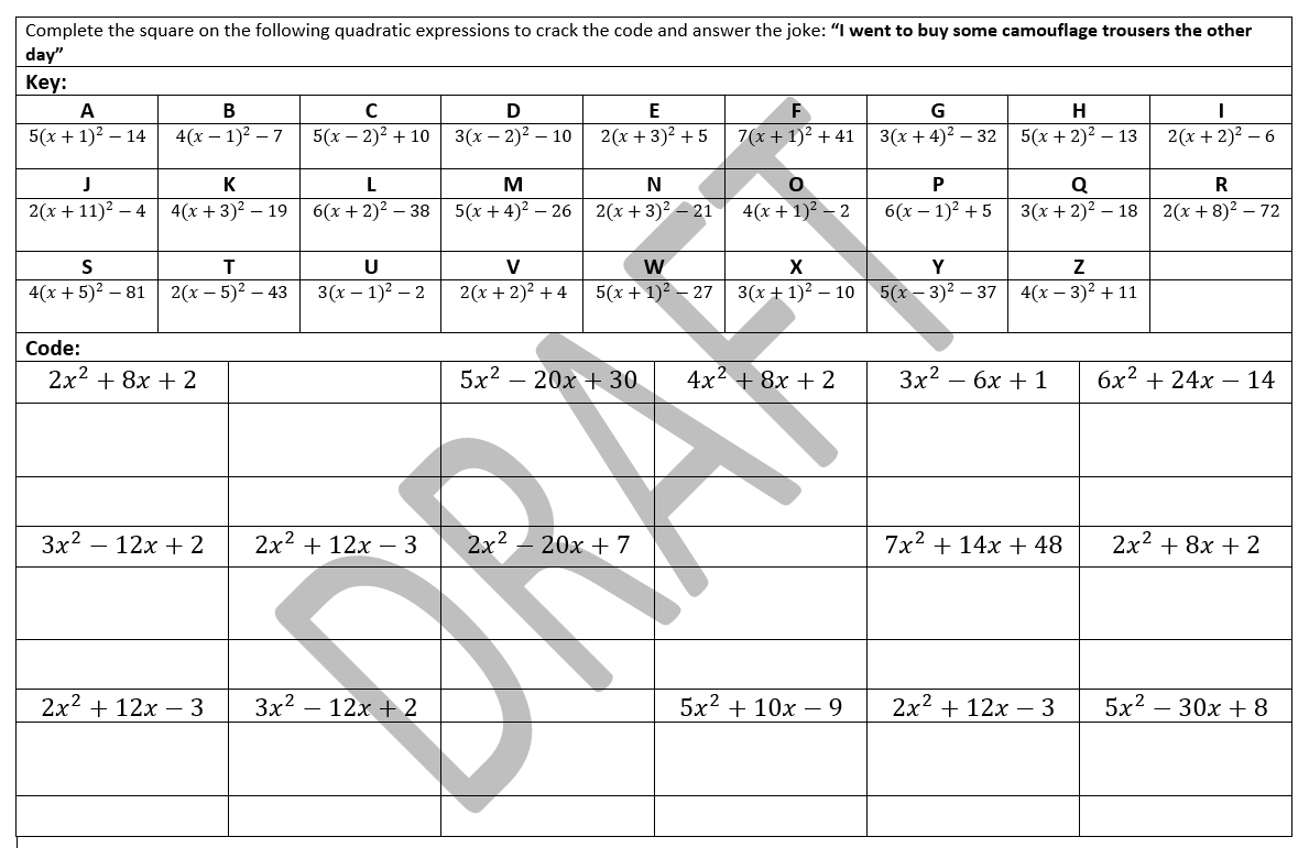 Completing the Square Codebreakers | Teaching Resources