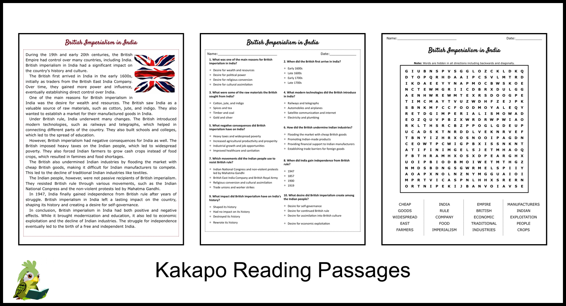 British Imperialism in India Reading Comprehension and Word Search ...