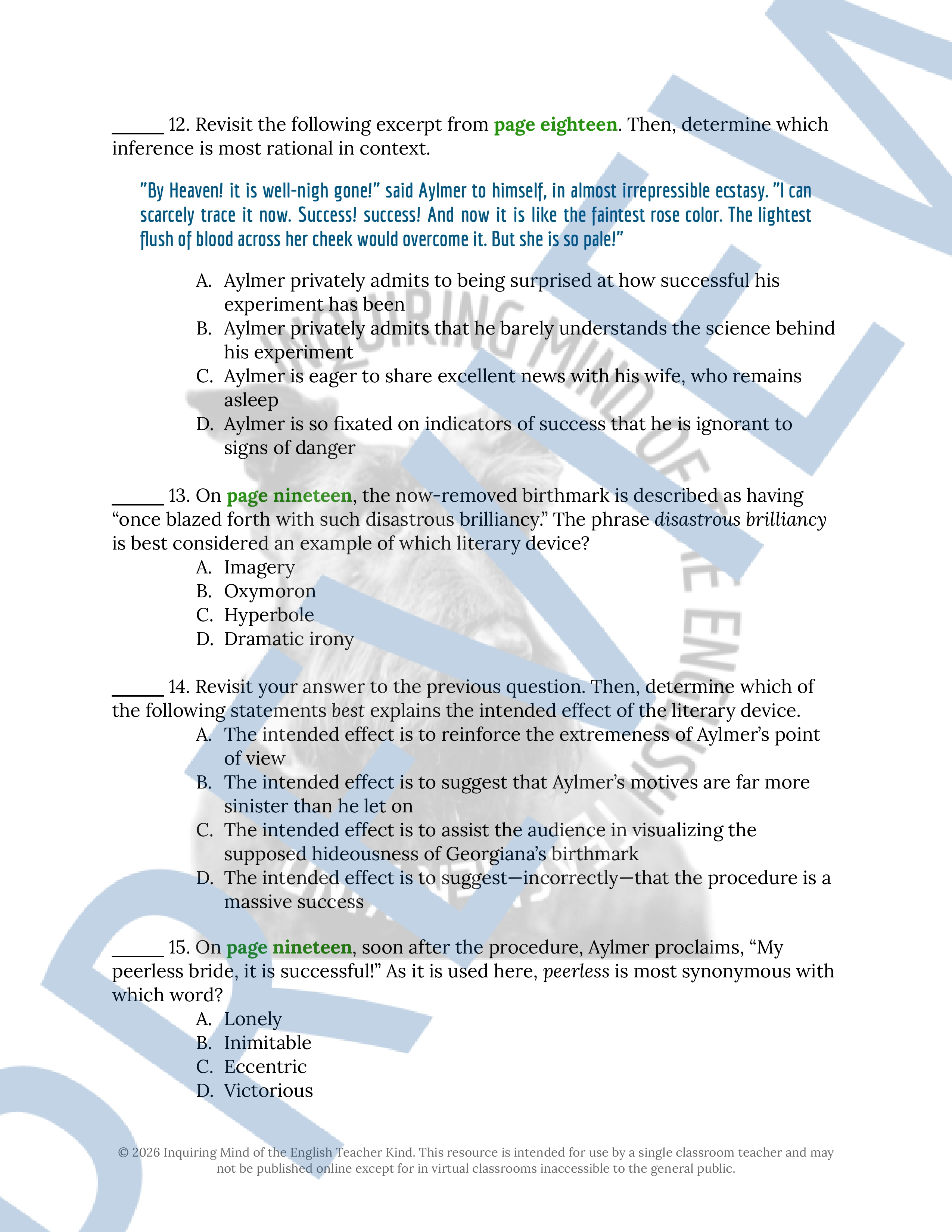 "The Birthmark" by Nathaniel Hawthorne Close Reading Analysis Worksheet ...
