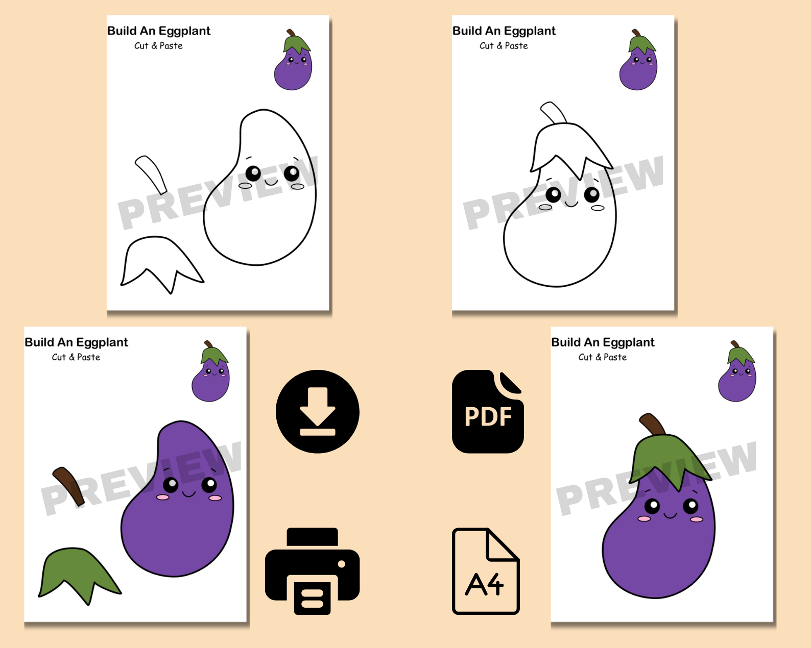 Eggplant Craft Printable | Vegetable Cut and Paste Activity | Preschool ...