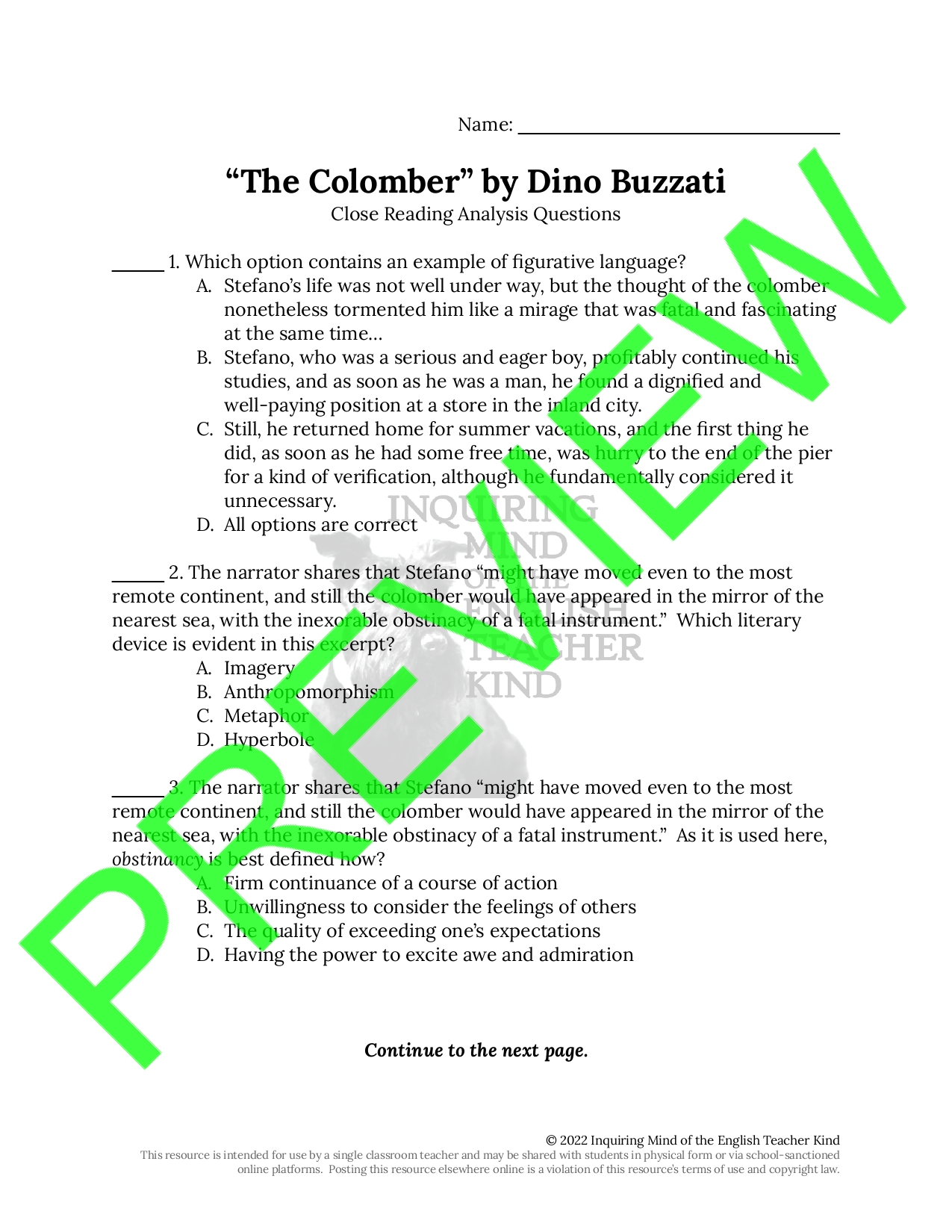 “The Colomber” by Dino Buzzati Close Reading Analysis Worksheet ...