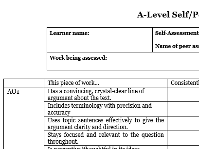 A-Level Self and Peer Assessment Sheet for AQA English Literature ...