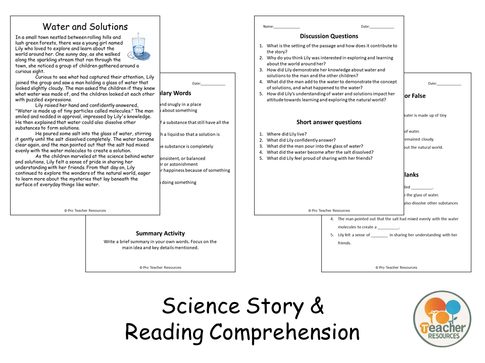 Water and Solutions Reading Science Story Comprehension Questions ...