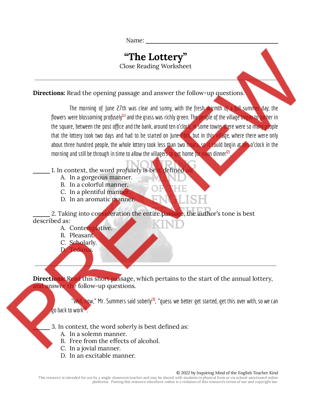 "The Lottery" Close Reading Worksheet and Answer Key | Teaching Resources